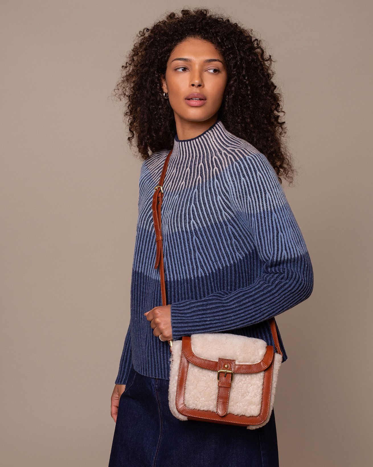 Leather Trim Shearling Cross Body Bag