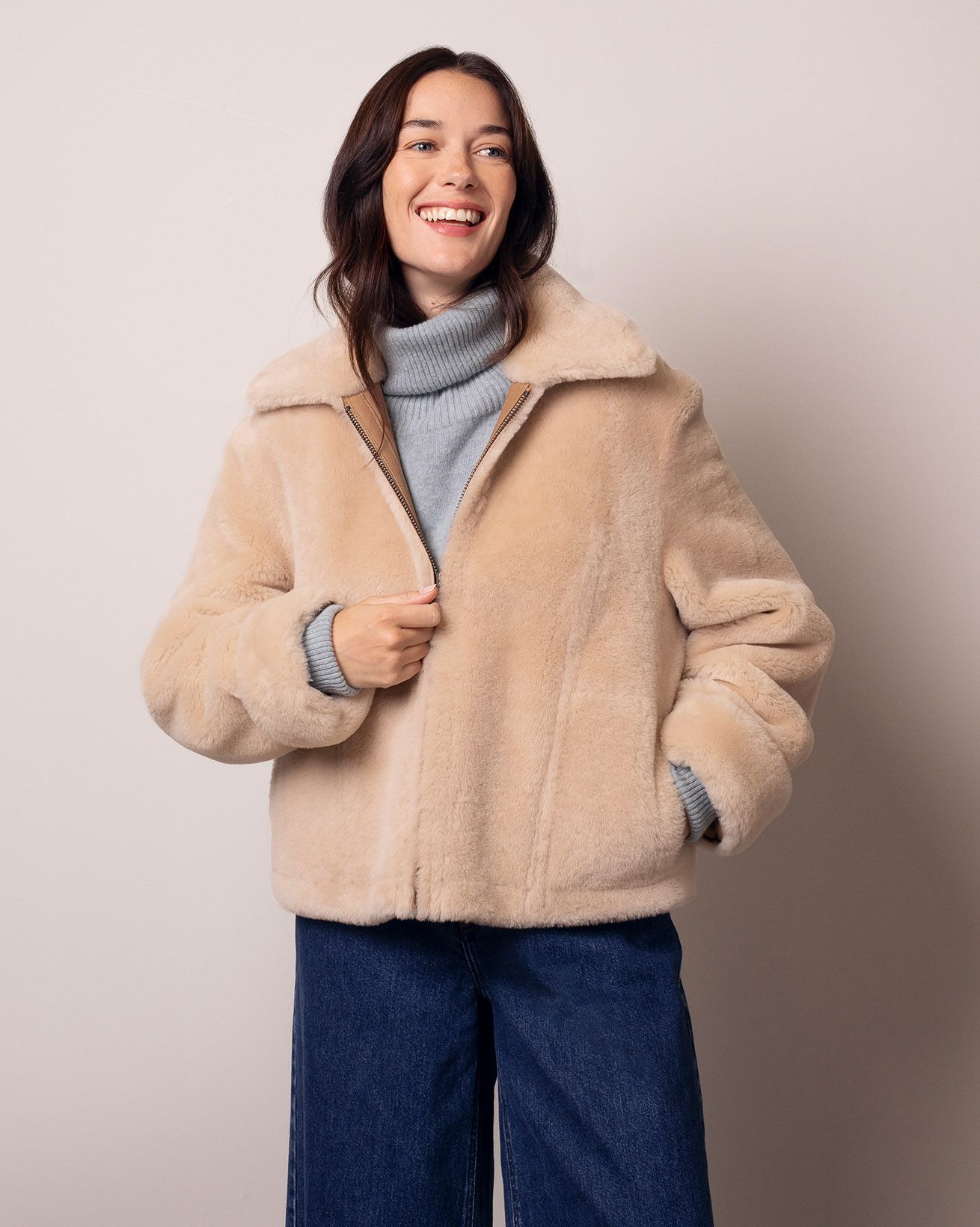 Sheepskin Exposed Wool Detail Reversible Biker Jacket